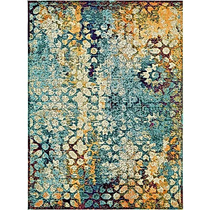 Unique Loom Vita Collection Traditional Over-Dyed Saturated Floral Medallions Area Rug, 9 x 12 ft, Turquoise/Ivory