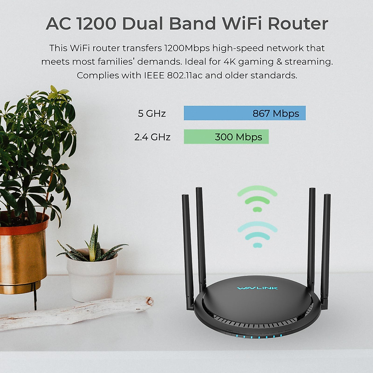 WiFi Router AC1200, WAVLINK Smart Router Dual Band 5Ghz+2.4Ghz, Full 4 Gigabit Ethernet Ports, USB 3.0 Port, Wireless Internet Routers for Home, Gaming
