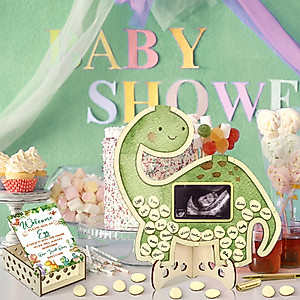 Wenqik 63 Pcs Baby Shower Guest Book Alternatives Set Baby Shower Guestbook with Photo Frame Baby Sonogram Frame Keepsake 60 Wood Slices Guest Book for Birthday(Dinosaur)