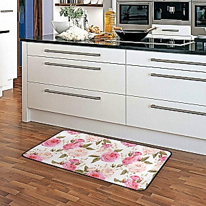susiyo Kitchen Mat Beautiful Floral Pink Roses Kitchen Rug Mat Anti-Fatigue Comfort Floor Mat Non Slip Oil Stain Resistant Easy to Clean Kitchen Rug Bath Rug Carpet for Indoor Outdoor Doormat