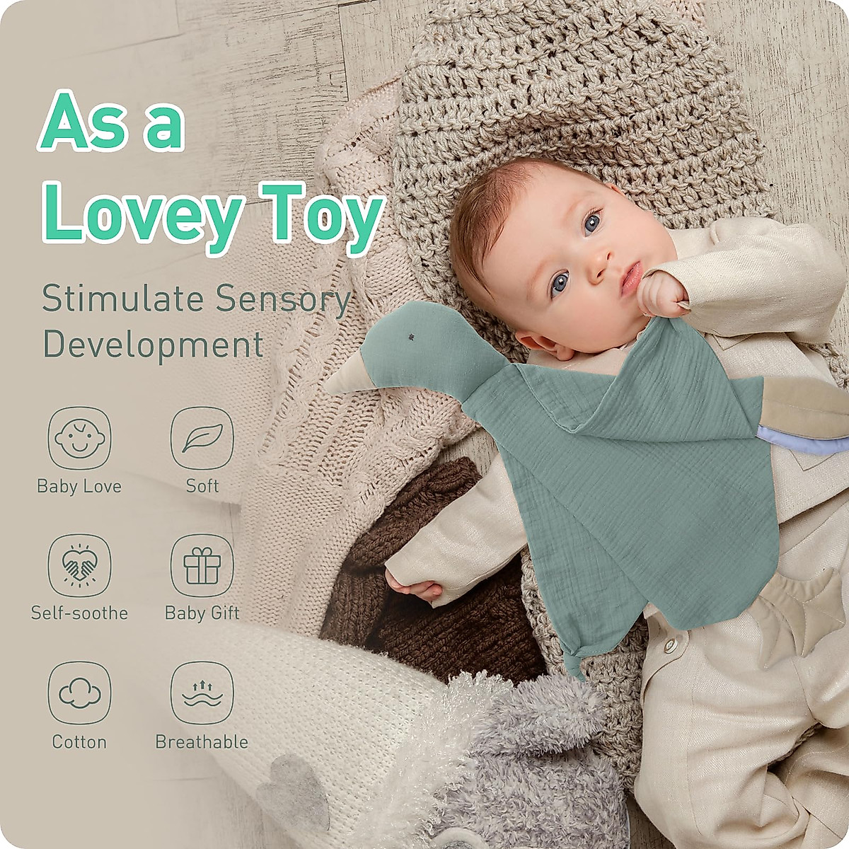 Knirose Organic Cotton Goose Loveys Soft Breathable Newborn Security Blanket with Tags, for Baby Boy Girl, Neutral Muslin Fabric for Comfortable Sleep & Play, Ideal for Newborns, Toddlers
