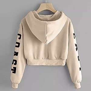 Bblulu Women's Letter Print Sweatshirt Raw Hem Drawstring Crop Top Hoodie Solid Color Pullover Hooded Sweatshirts