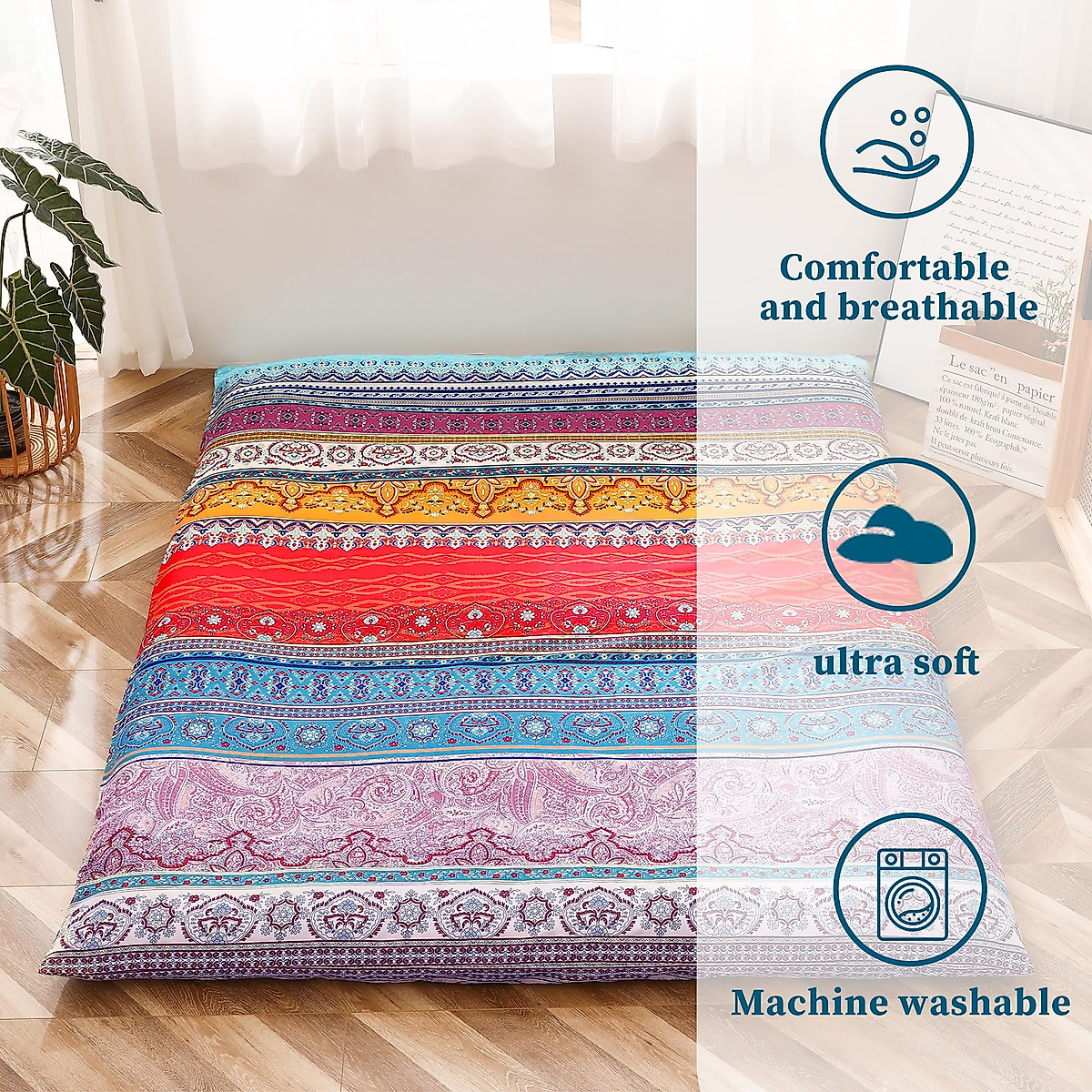 MAXYOYO Mattress Cover for Traditional Japanese Futon Mattress, Futon Floor Mattress Cover with Zipper, Super Soft and Machine Washable, Boho Style, Full