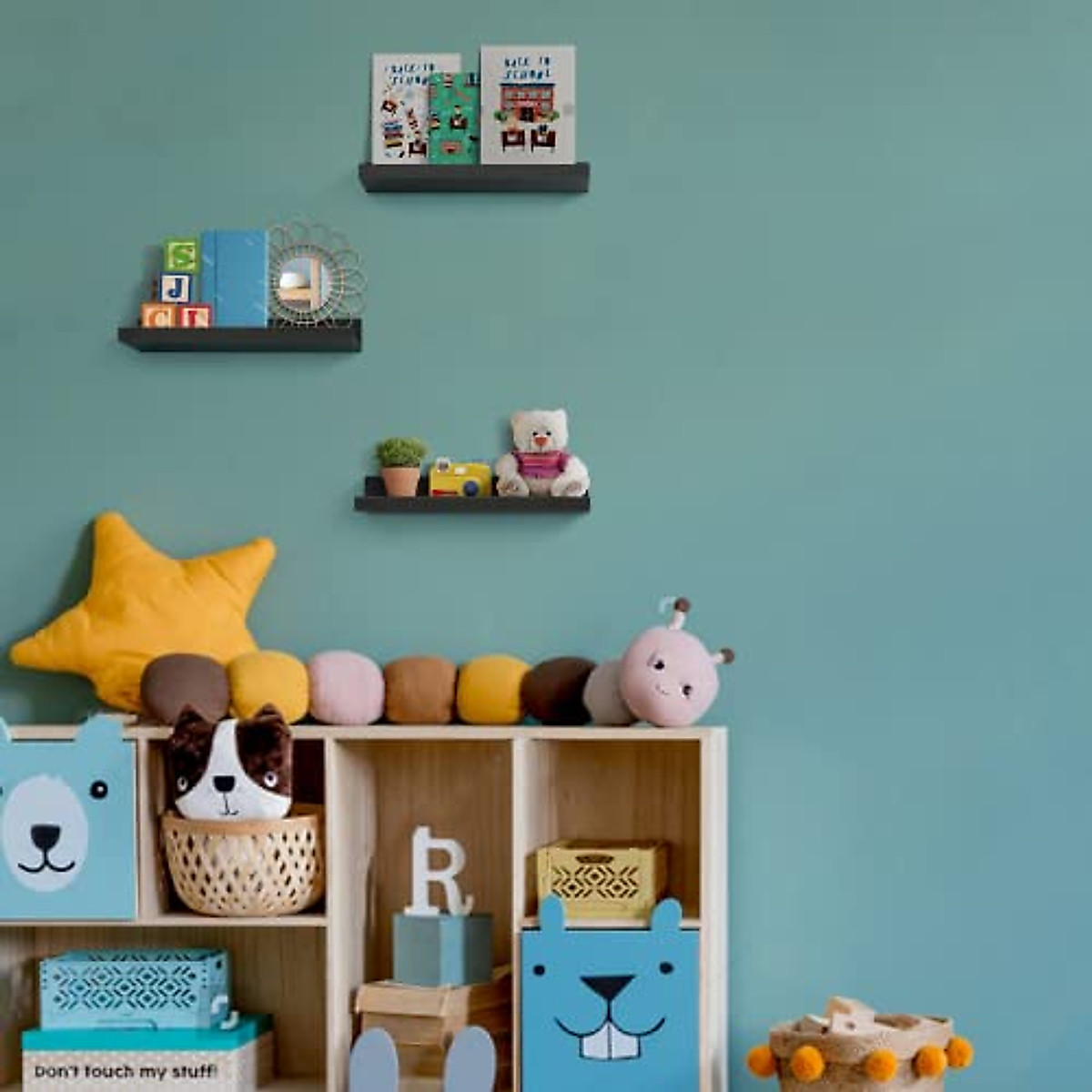 16 Inch Black Floating Shelves - Set of 3 Photo Ledge Wall Mounted Shelves with Invisible Brackets - Floating Shelves Black for Bedroom, Living Room, Bathroom, Kitchen, Office - 3 Different Sizes