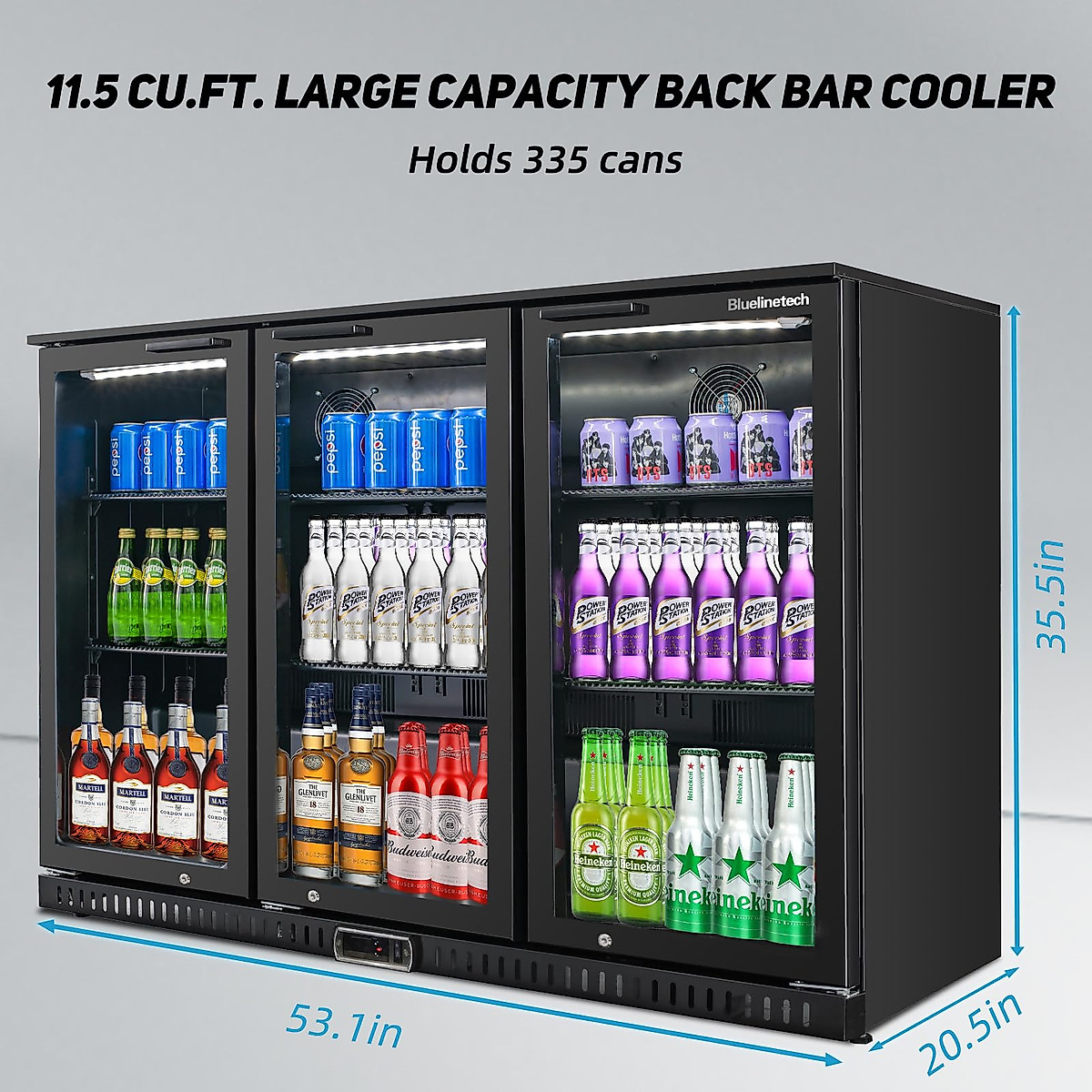 BLUELINETECH Back Bar Cooler, 3 Glass Door Commercial Beverage Cooler Undercounter Refrigerator with LED Lighting, 11.5 cu.ft, 53” Wide