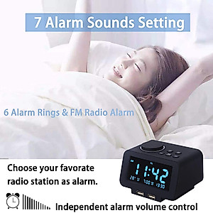 【Upgraded】Digital Alarm Clock, FM Radio, Dual USB Charging Ports, Temperature Detect, Dual Alarms with 7 Alarm Sounds, Snooze, 6-Level Brightness Dimmer, Batteries Operated, for Bedroom, Sleep Timer