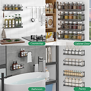 LUCYCAZ 4 Pack Wall Mounted Spice Rack with 16 Hooks, Spice Organizer for Cabinet Pantry Door,Screw or Adhesive Spice Shelf Hanging Wall Spice Rack in Kitchen and RV (Black)