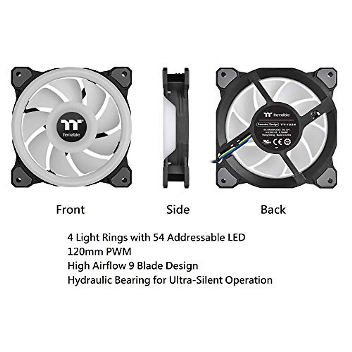 Thermaltake Riing Quad 120mm 16.8 Million RGB Color (Alexa, Razer Chroma) Software Enabled 4 Light Rings 54 Addressable LED 9 Blades Hydraulic Bearing Case/Radiator Fan CL-F088-PL12SW-B, Black