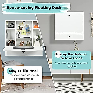 Tangkula Wall Mounted Desk, Pneumatic Floating Desk Wall Mount Laptop Desk with Magnetic Foldable Tabletop, Space Saving Wall Mounted Table Wall Desk with Storage Drawer and Shelves (White)