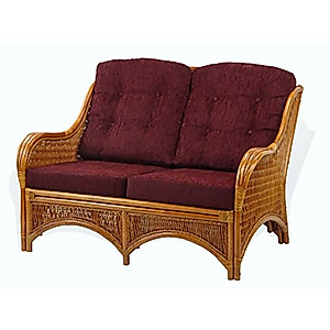 Jam Living Set of 2 Lounge Natural Rattan Chairs Loveseat with Dark Brown Cushions and Coffee Table w/Glass Handmade Design, Cognac