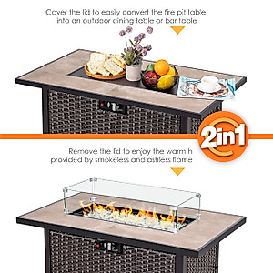 Nuu Garden 43'' Propane Fire Pit Table, CSA Certified 50,000 BTU Outdoor Patio Propane Fire Pit Table with Fire Pit Wind Guard,Removable Lid, Ceramic Tabletop, Water-Proof Oxford Cover, Dark Brown