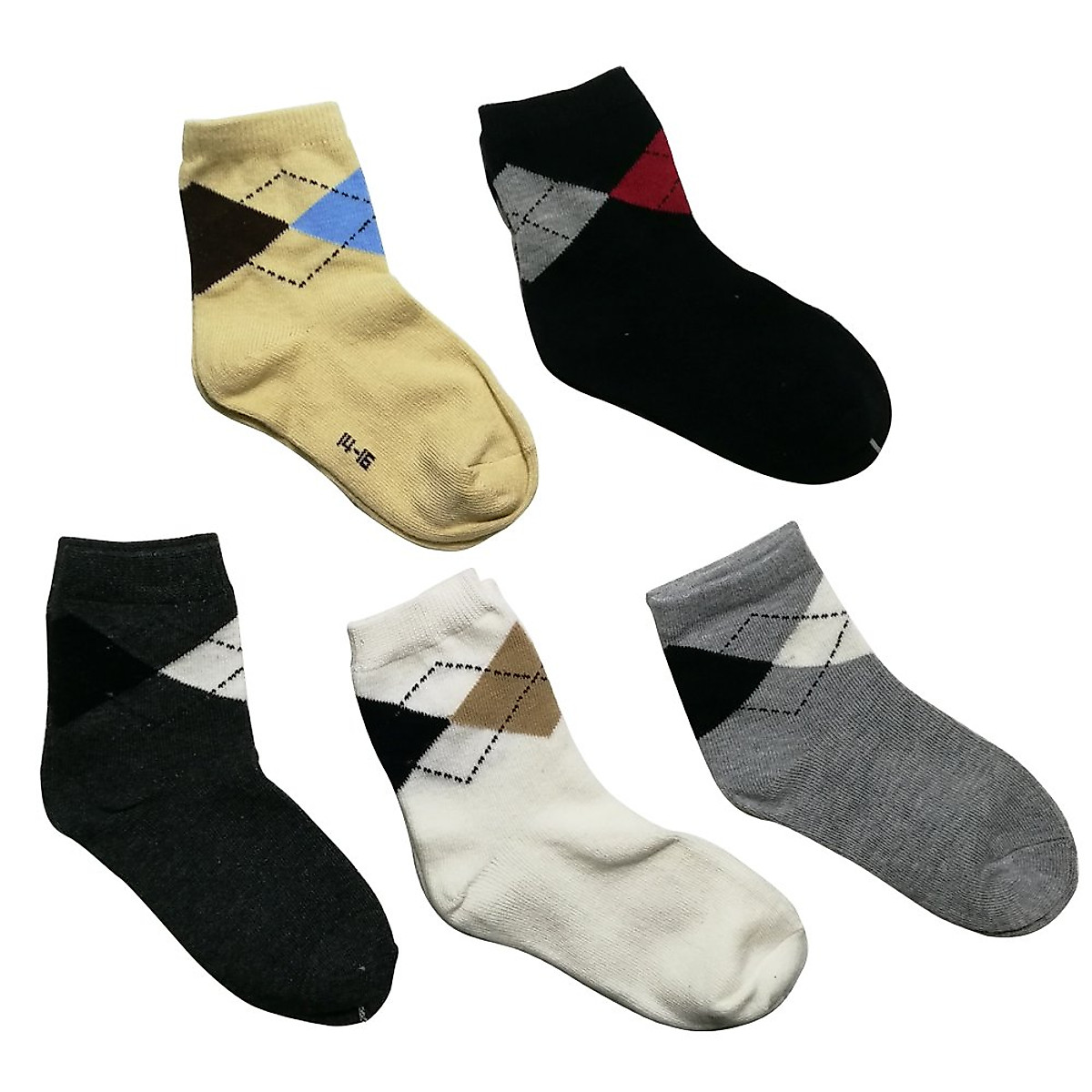 Little Kids Ankle Socks Girl Boys Cotton Cartoon Crew Socks Toddler Stockings Pack of 5, Argyle plaid Patterned, 3-5 Years Old