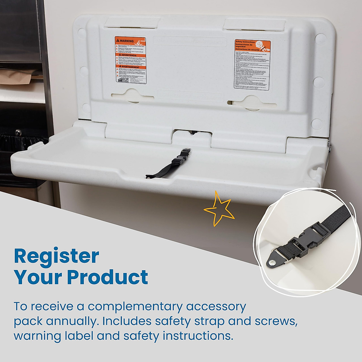 ECR4Kids ELR-18004 Wall-Mounted Baby Changing Station, Horizontal Fold-Down Diaper Change Table with Safety Straps for Commercial Bathrooms, ADA and ANSI Compliant, Free Replacement Straps, White Granite