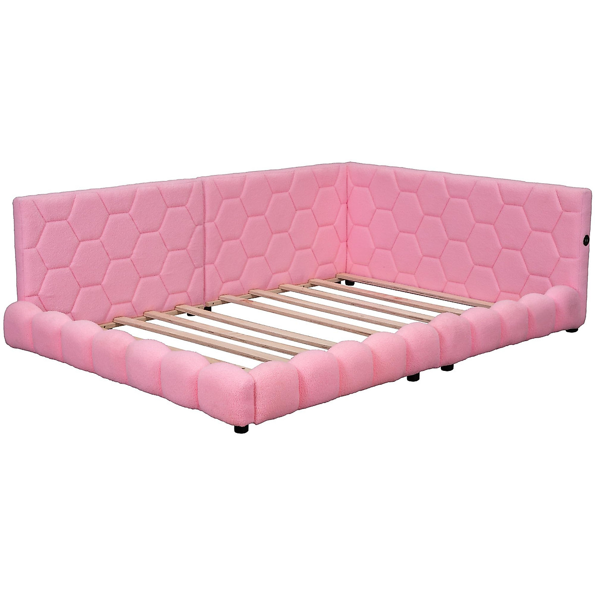QVUUOU Upholstered Platform Bed Daybed with USB Ports and LED Lights Belt, Full Size Wood Bed Frame for Bedroom Furniture, Teddy Upholstered Bed Multifunctional Bed Floor Bed Grounded Bed (Pink)