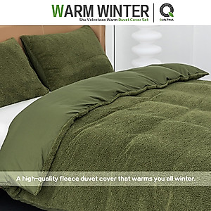 QUILTINA Shu Velveteen Warm Duvet Cover Set Queen Size with 2 Pillowcases, Coral Fleece Luxury Quilt Cover Anti-Static for Winter, Double Sided Velvet and Sanded Blanket, Army Green, 90" x 90"