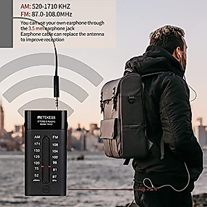 Retekess TR107 Pocket Radio AM FM, Portable Radio with Headphones, AAA Battery Operated, FM Stereo and Bass Boost, Ideal for Walking, Jogging(Black)