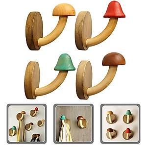 PRETYZOOM Mushroom Wall Hooks: 4pcs Wooden Mushroom Wall Hanging Hook, No Punching Wall Hanger, Decorative Wall Hook Hooks for Hanging Towels Hat Coat
