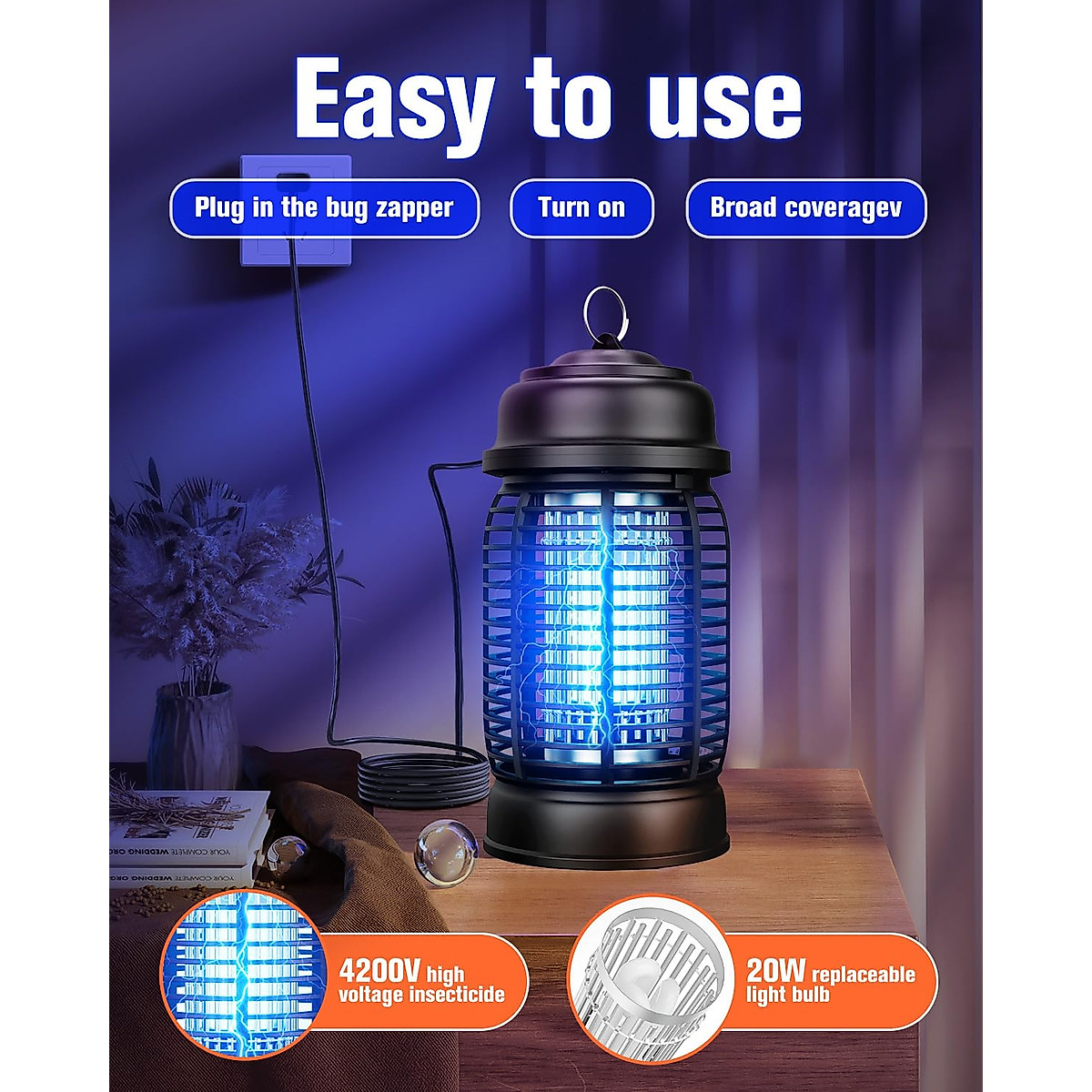 DEEZEE Bug Zapper Outdoor， 4200V Mosquito Zapper Indoor，20W Electric Fly Zapper ，Insect Zapper&Mosquito Killer lamp for Home, Patio, Kitchen, Backyard, Camping, Plug-in…