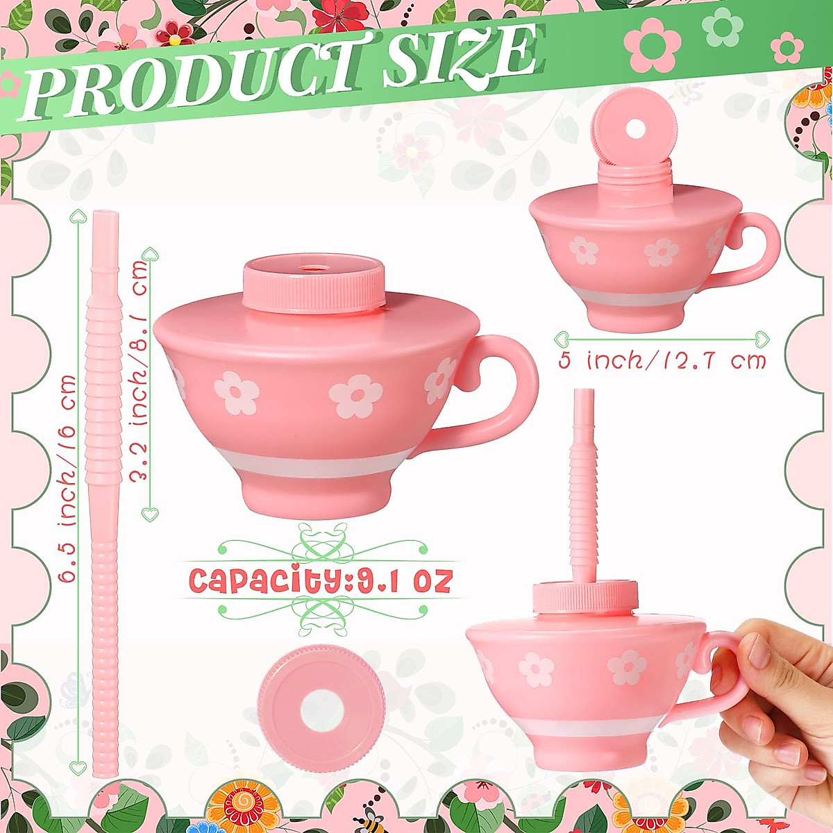 Zhehao Tea Cups with Straws and Lids, 9 oz Plastic Tea Cups Reusable Creative Party Tea Cups Bulk for Kids Birthday Baby Shower Princess Tea Party Supplies(12 Pieces)