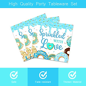 96 Pcs Donut Sprinkle Baby Shower Party Supplies Blue Sprinkled with Love Plates and Napkins Tableware Set Party Decorations for Boy Baby Shower Serve 24 Guests