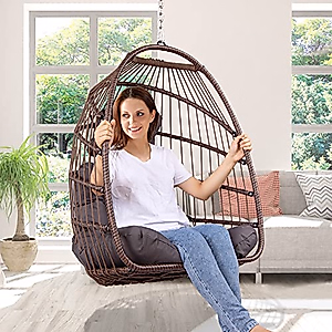 Garden Wicker Hanging Egg Chair with Seat Cushion and Pillow, Rattan Hammock Chair Ideal for Bedroom Patio Porch Lounge (Brown)