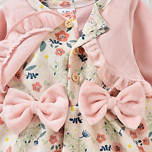 Sasaerucure Infant Newborn Baby Girls Fall Winter Corduroy Dress Long Sleeve Romper Ruffle Floral Bodysuit Fluffy Cardigan Set (Pink, 0-3 Months)