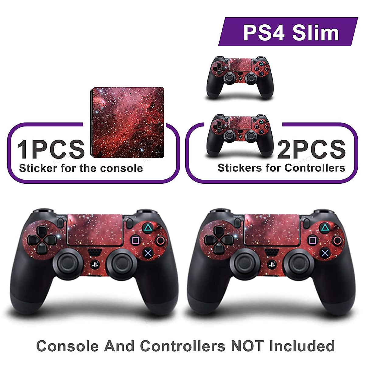 FOTTCZ Whole Body Vinyl Sticker Decal Cover for Playstation 4 Slim Console and Two Controller - Red Nebular
