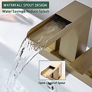 HAMOLER 4 Inch Centerset Bathroom Waterfall Faucet 2 Handle 3 Hole Lavatory Vanity Faucet Waterfall Basin Faucet with Pop Up Drain with Overflow, Brushed Gold
