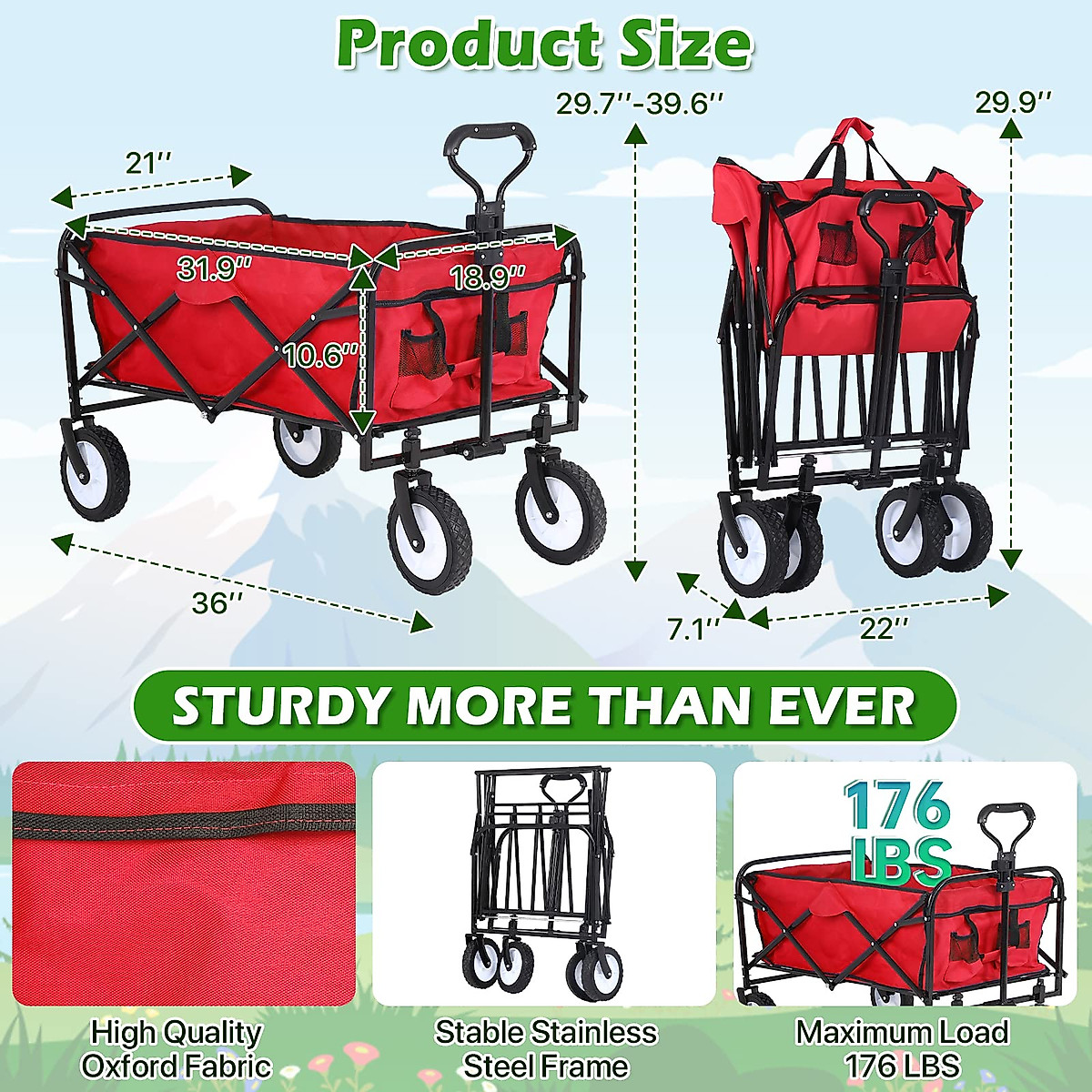 HKLGorg Folding Wagon with Wheels - Heavy Duty Beach & Outdoor Grocery Wagon, Portable & Collapsible Utility Wagon with Handle for Camping, Red