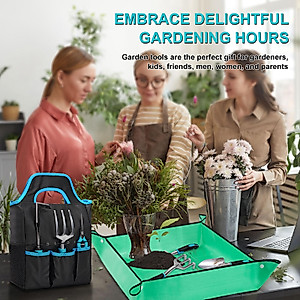 Garden Tool Set with Non Slip Rubber Grip,11 Piece Stainless Steel Gardening Tool Sets,Thickened Repotting Mat & Storage Tote Bag,Heavy Duty Outdoor Hand Tools Uprooting Weeding Tool, Ideal Gifts Blue