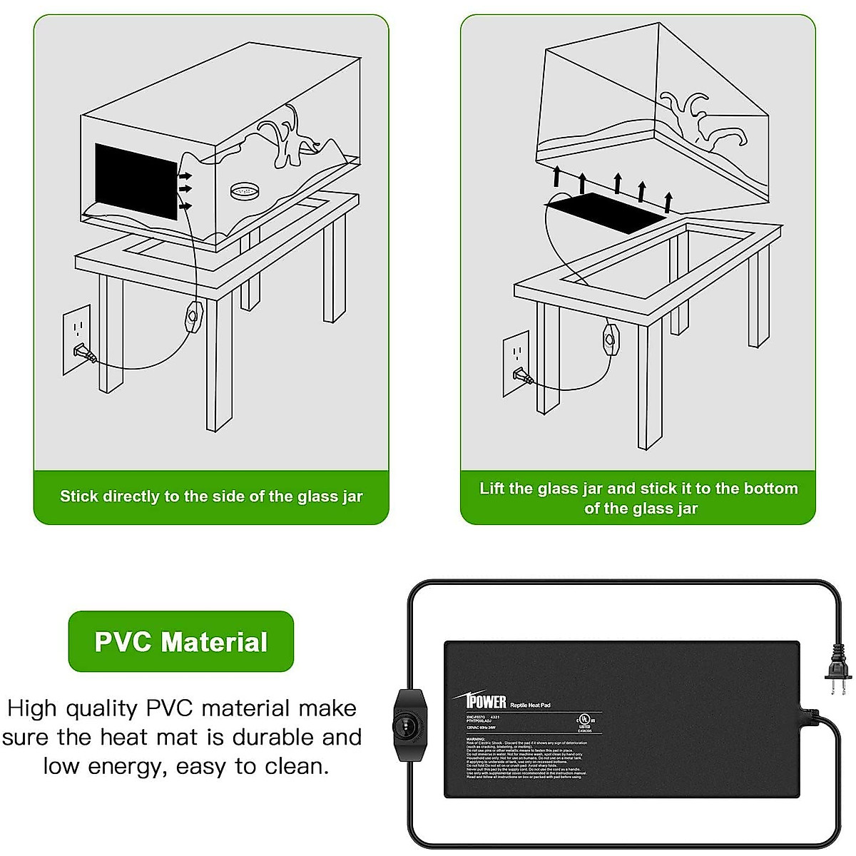iPower 8 by 18-Inch 24 Watts Reptile Heating Mat with Temperature Controller Under Tank Warmer Terrarium Heat Pad for Reptiles and Amphibians, Black