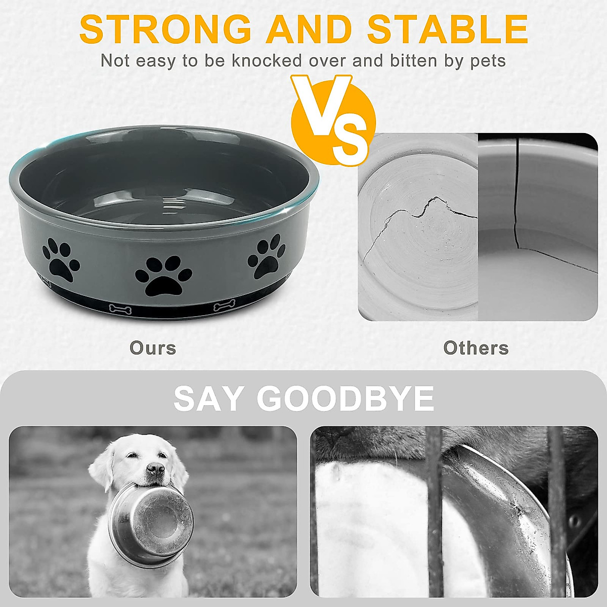 KPWACD Ceramic Pet Bowl for Dogs and Cats, Weighted Non-Slip Dog Bowls Food and Water Dish, Durable Pets Feeding Bowls Suitable for Small, Medium, and Large Dogs, Grey, 70 Oz