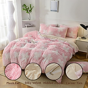 BEDMEO Tie Dye Plush Luxury Fluffy Faux Fur Duvet Cover Set,Soft Crystal Velvet Bedding Sets,Boho Bedding for 3 Pieces Chic Home Duvet Covers(1 Furry Duvet Cover + 2 Pillowcases) King,Tie-Dye Pink