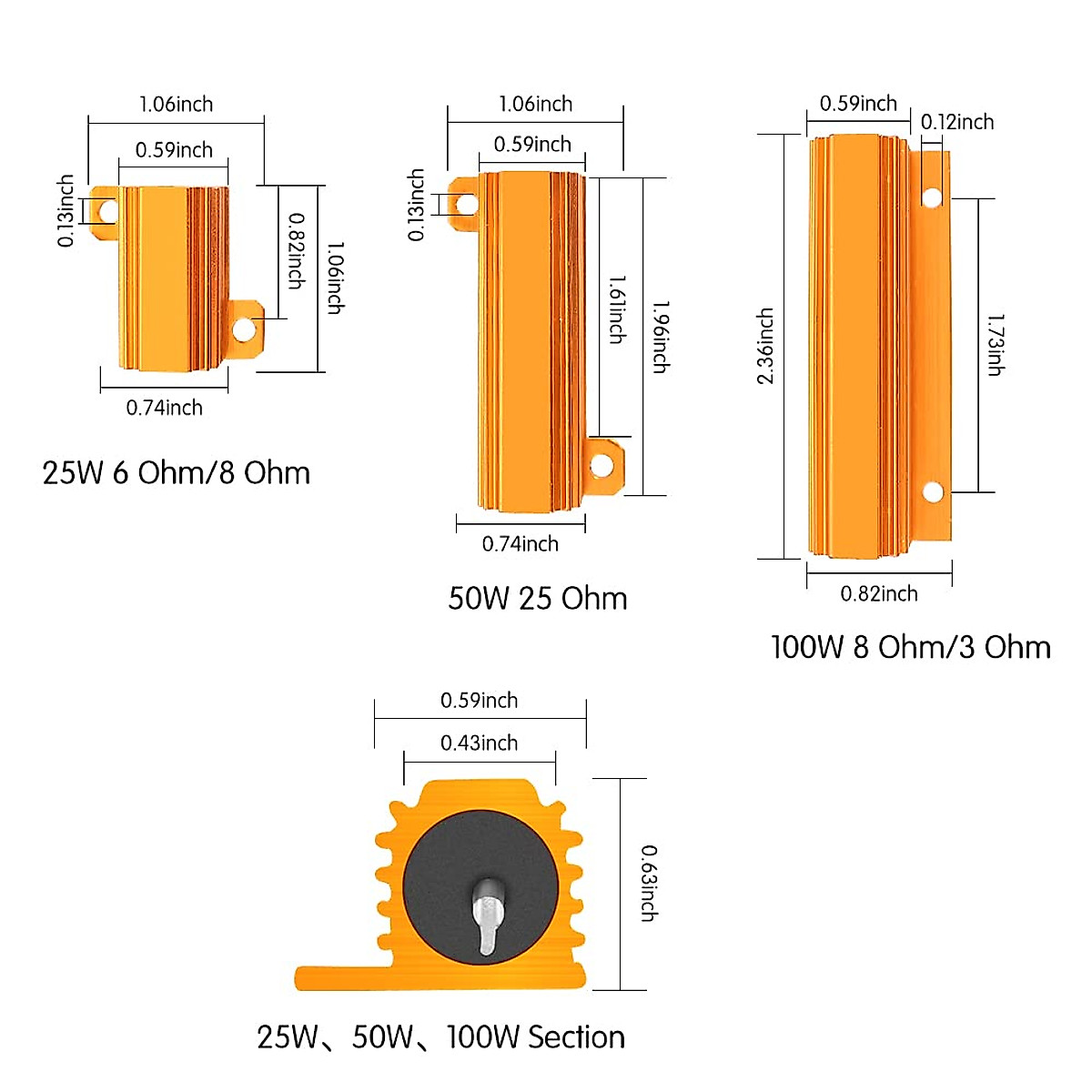 WOWOONE Set of 10 Power Resistor, Aluminum Shell Resistors, 25W 6 Ohm/8 Ohm, 50W 25 Ohm, 100W 8 Ohm/3 Ohm Watt Shell Power Aluminum Housed Case Wirewound Resistor for Nest Hello Doorbell