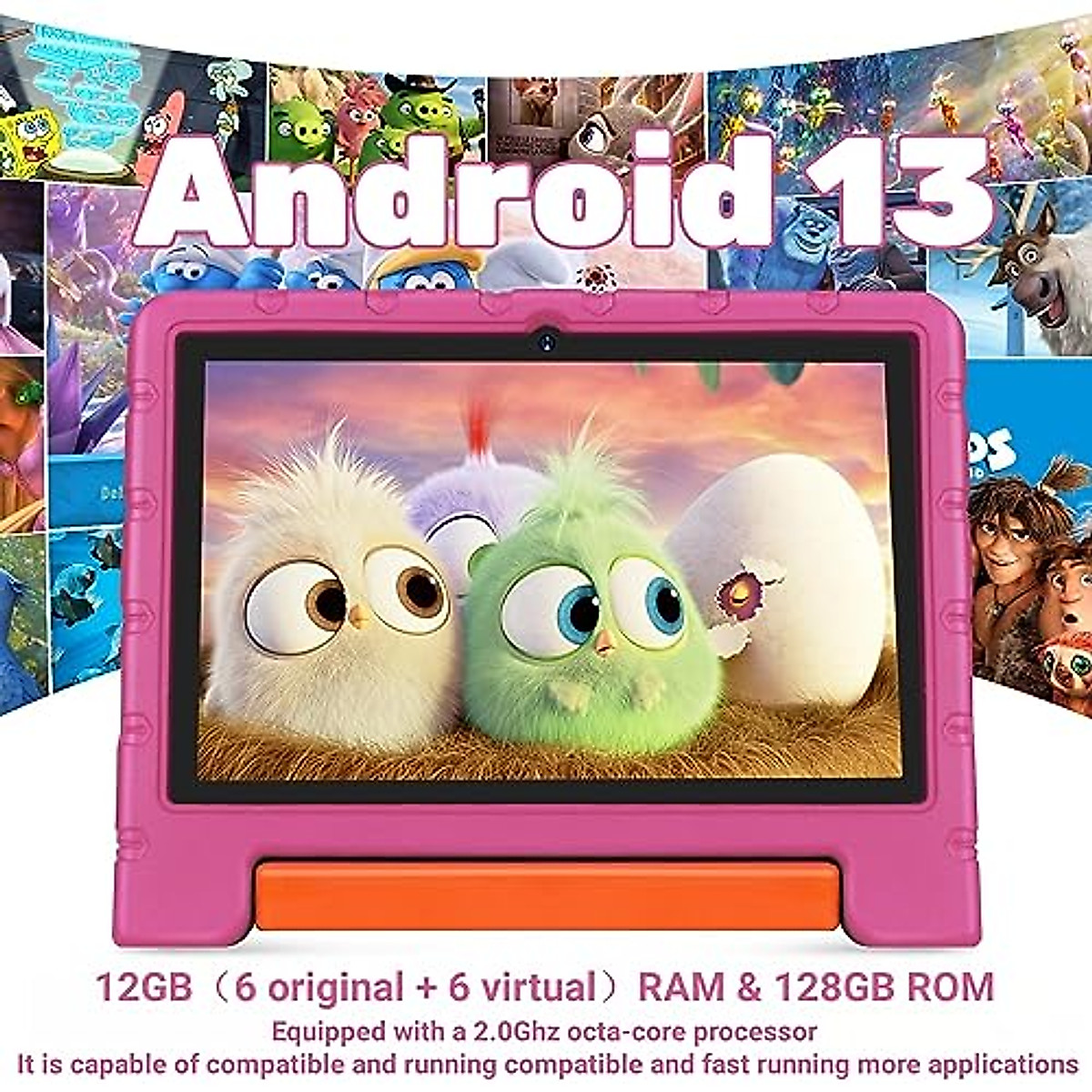 Kids Tablet 10 inch Android 13 Tablets for Kid with Shockproof Case, 12GB+128GB, Octa-Core, 1280 X 800 HD Touchscreen, IWAWA Pre-Installed Parental Control, 2.4G/5G WiFi, 6000mAh, Bluetooth-Rose red