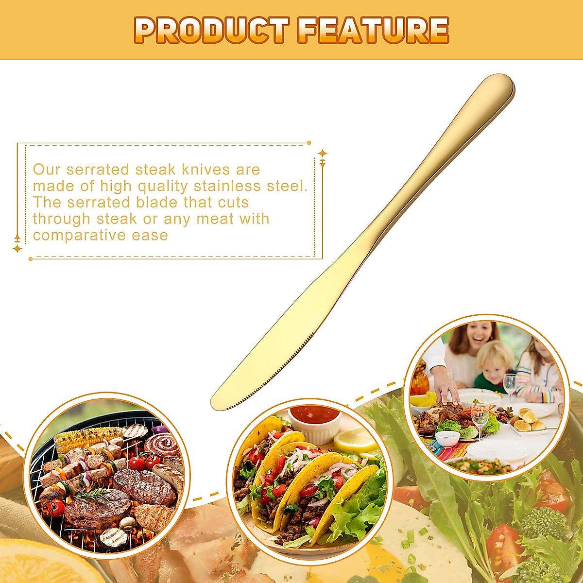 Gisafai 30 Pcs 9 Inch Steak Knives Serrated Stainless Steel Steak Knife Butter Knife Heavy Duty Dishwasher Safe Dinner Knives for Kitchen BBQ Party Home Restaurant Wedding (Gold)