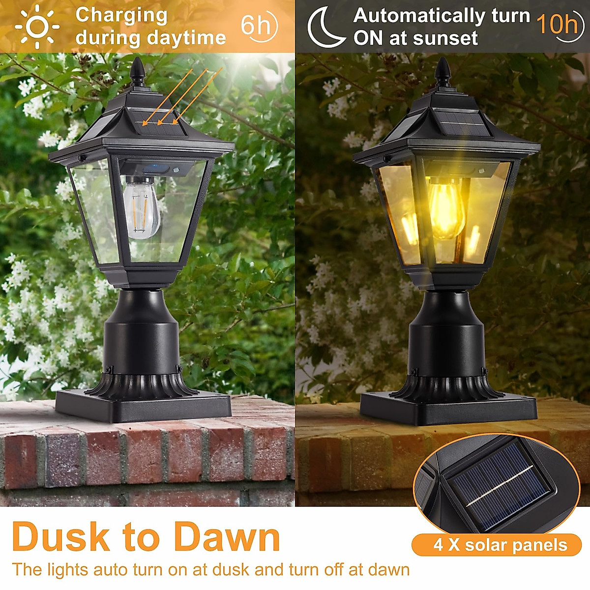 DARIISI Solar Post Light Fixture, Motion Sensor Solar Lamp Post Lights with Pier Mount Base, Outdoor Waterproof Post Lantern, Black Outdoor Solar Light for Yard Garden Pathway