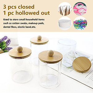 4 Pack Qtip Holder Dispenser Qtip Holder Storage Canister Qtip Dispenser Clear Plastic Apothecary Organizer Jar with Wood Lidsfor Cotton Swab Cotton Ball Cotton Round Pads Floss Picks