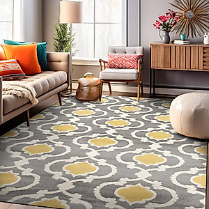 Rugshop Moroccan Trellis Contemporary Perfect for high Traffic Areas of Your Living Room,Bedroom,Home Office,Kitchen Area Rug Gray/Yellow 5'3" x 7'3"