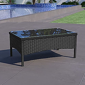 IDS Online MLM-17240 1 Loveseat 2 Single Chairs Cushion, Leisure Glass Top Coffee Table for Garden Lawn Poolside Backyard 4 Piece Rattan Pattio Outdoor Furniture Wicker Conversation Set, Black-White