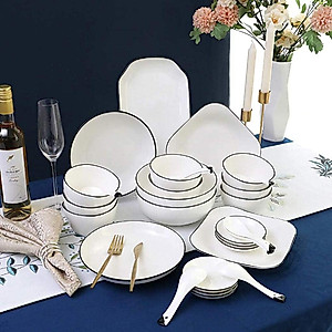 Dishes/Plate/Bowl Set,Simplest White Black Lines Ceramics Dinnerware Set of 29 Pieces Porcelain Dinner Set for Family Service for 8 People