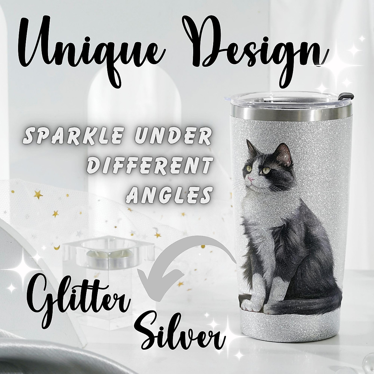 Onebttl Tuxedo Cat Gifts for Tuxedo Cat Lovers, 20 oz Insulated Stainless Steel Tumblers with Lids and Straws, Tuxedo Cat gifts for Birthday Christmas, Glitter Silver