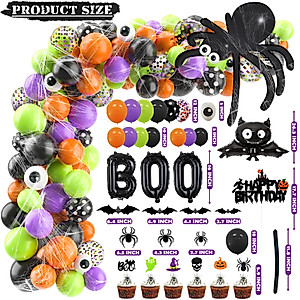 Halloween Birthday Decorations Party Supplies Halloween Themed Party Favors 105 Pcs for Kids Including Spider Web, Backdrop, Tablecloth, Cake Toppers, Spider Bat Wall Stickers, Balloons Arch and kit