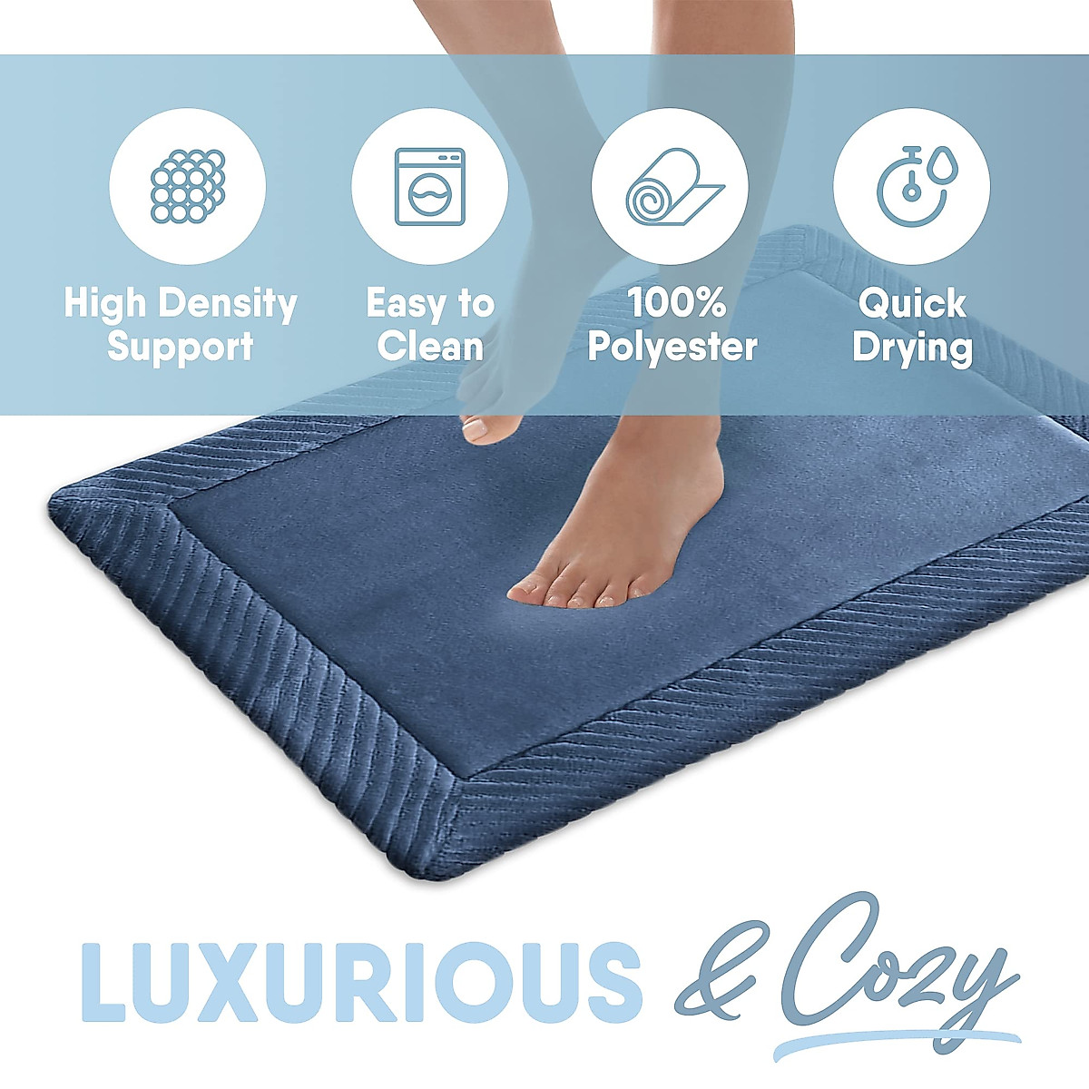 MICRODRY Habitude Flannel Bath Mats for Bathroom, Bordered Memory Foam Bathroom Mats, Skid Resistant Bathroom Rugs with Advanced Air Circulation for Fast Drying, 16 x 24 Inches, Blue