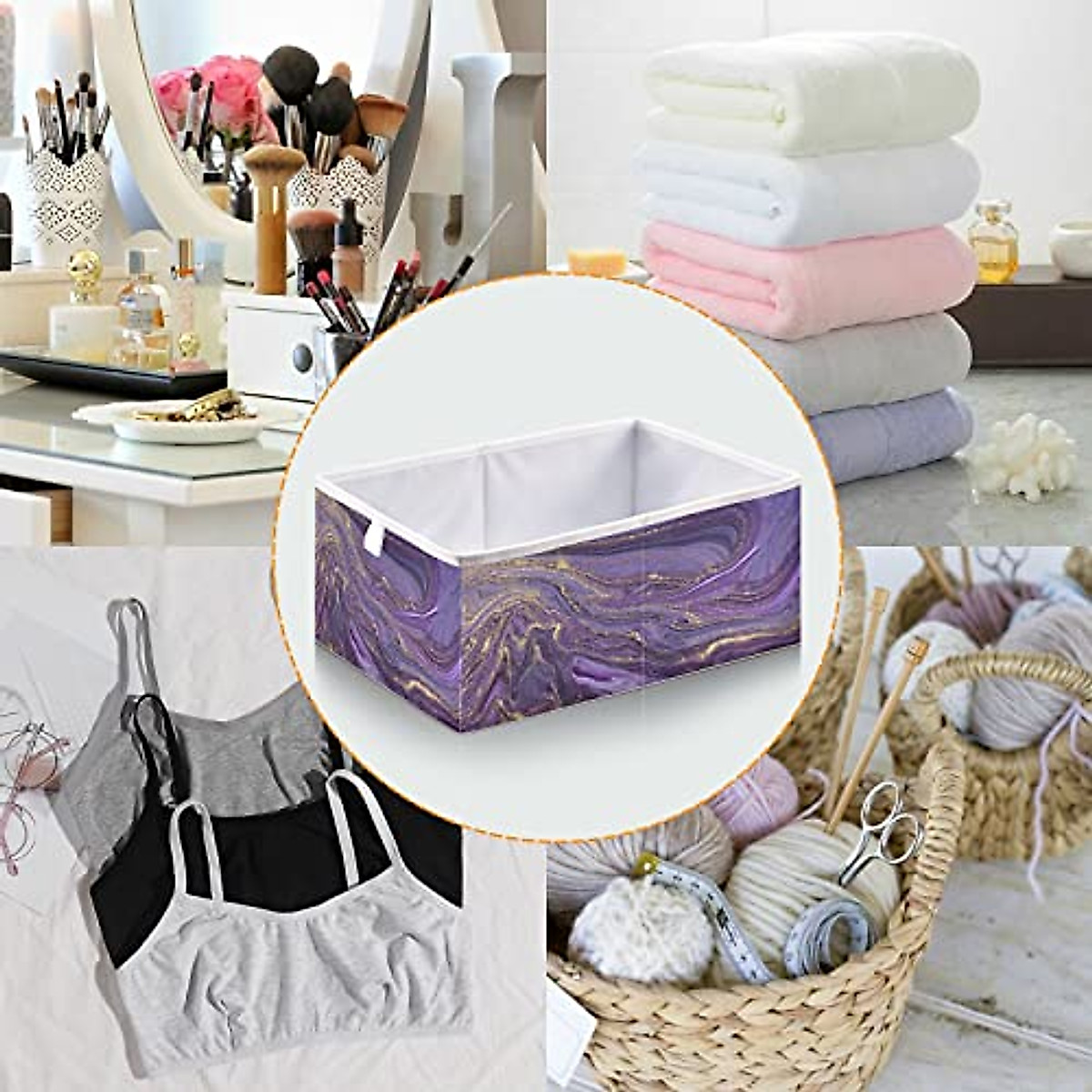Kigai Purple Marble Abstract Cube Storage Bins - 11x11x11 in Large Foldable Cubes Organizer Storage Basket for Home Office, Nursery, Shelf, Closet