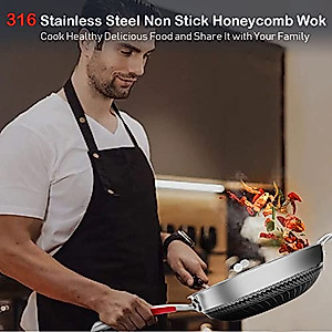 MEGOO 12.6 inch stainless steel nonstick wok pan with lid,stir fry honeycomb wok,cooking wok skillet,for gas cooktops,Induction,electric stove,dishwasher safe(PFA,PFOA Free)