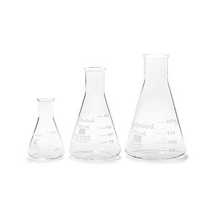 Glass Narrow Mouth Erlenmeyer Flask Set (FGSET3) - 3 Sizes - 50, 150 and 250ml, United Scientific