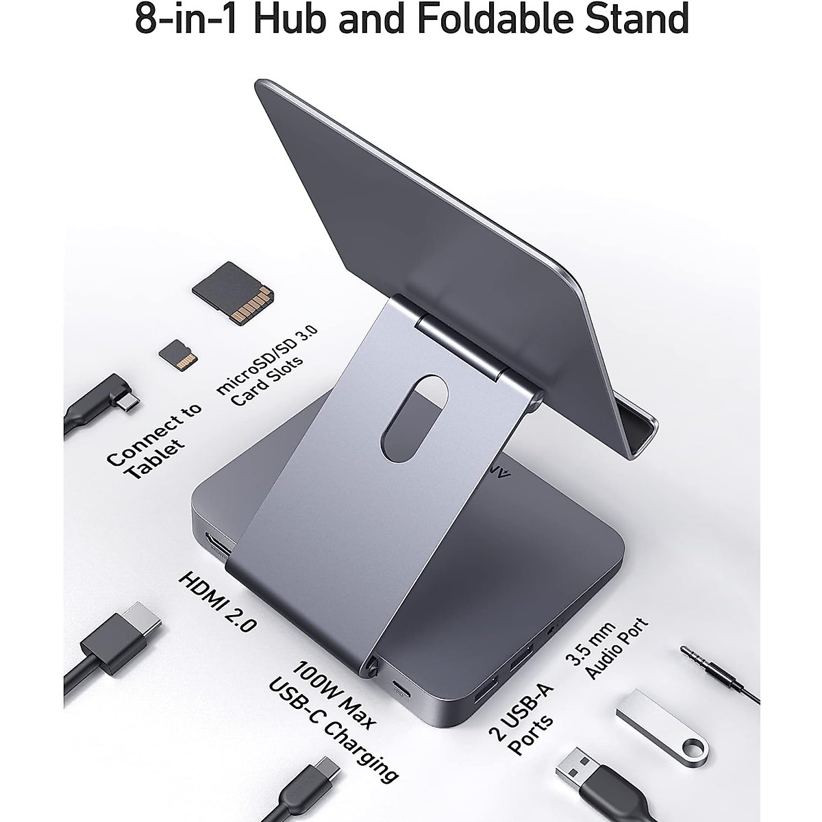 Anker , 551 USB-C Hub (8-in-1), with Foldable Tablet Stand, Dock, 4K HDMI, 2 USB-A Data Ports, for iPad Pro 5th Gen / iPad Air 5th Gen/iPad Mini 6th and Later (Silver)