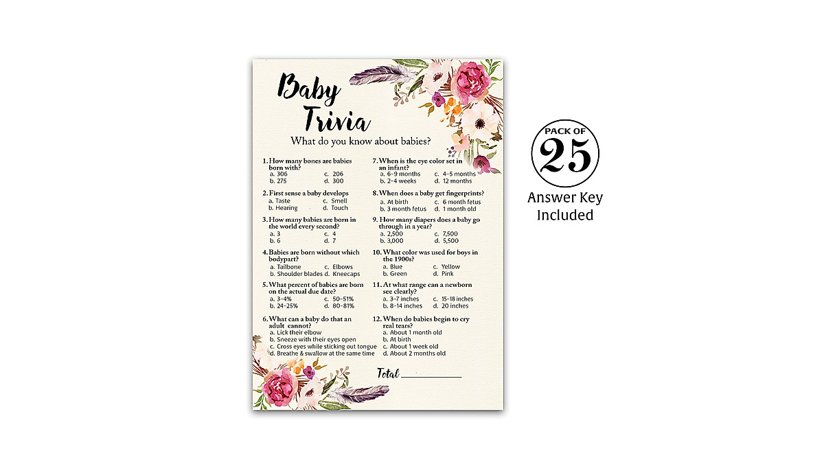 BOHEMIAN Baby Shower Game - Fun Pink Baby Trivia Cards Pack