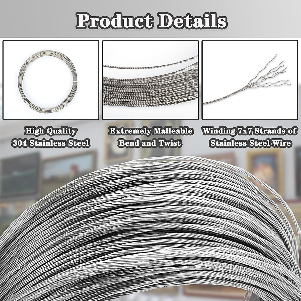 Picture Frame Wire for Hanging, Picture Hanging Wire Kit 33 Feet Picture Frame Wire Heavy Duty Stainless Steel Wire for Hanging Pictures, Mirror, Artwork, Light, Canvas Hanging Kit